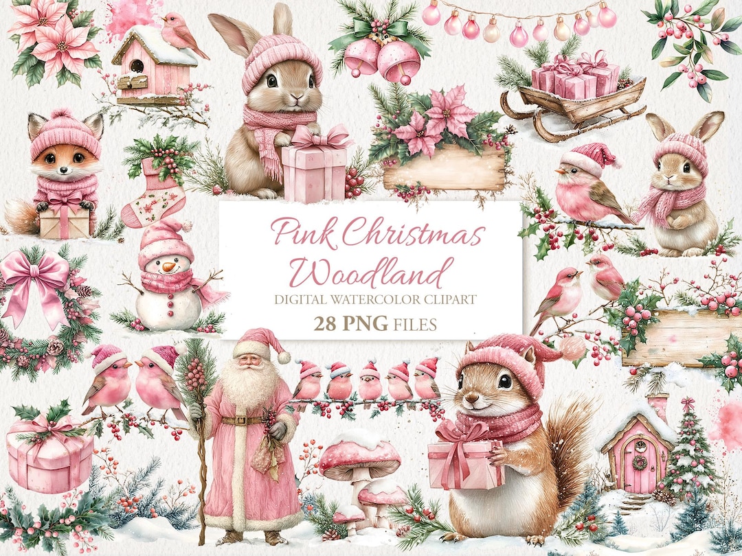 Pink Christmas Magic Winter Woodland Watercolor Clipart Bundle. AI ...