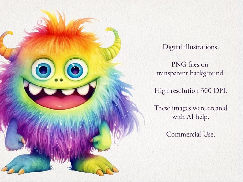 Cute Rainbow Monster Watercolor Clipart PNG Bundle. Children Nursery ...