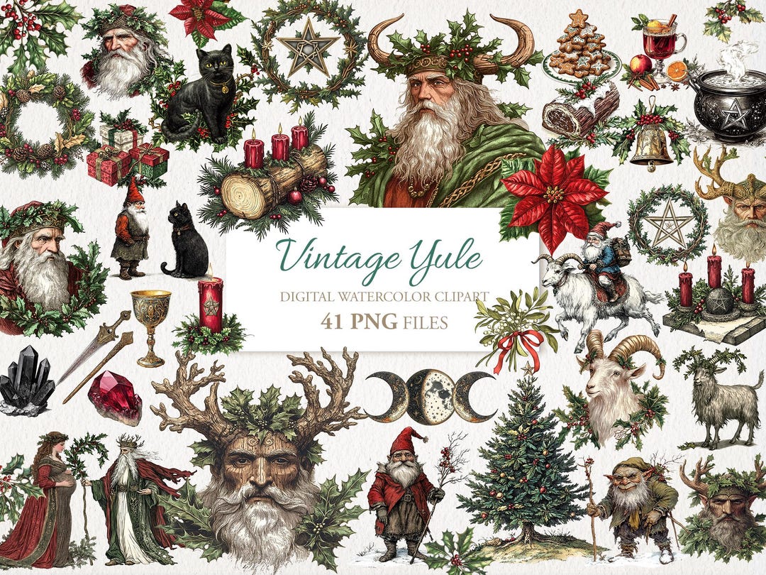 Vintage Yule Wicca Wiccan Celtic Neopagan Watercolor Clipart PNG Bundle ...