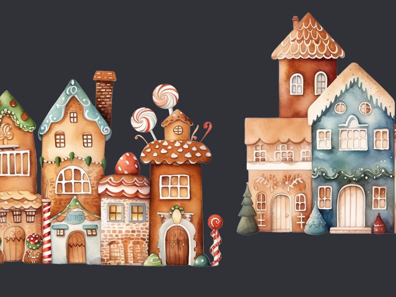 Gingerbread Village Magic Houses Christmas Winter Watercolor Clipart ...