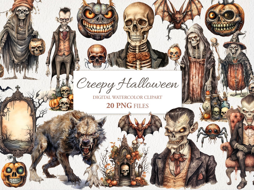 Creepy Spooky Halloween Watercolor Clipart PNG Bundle. Vampire, Witch ...