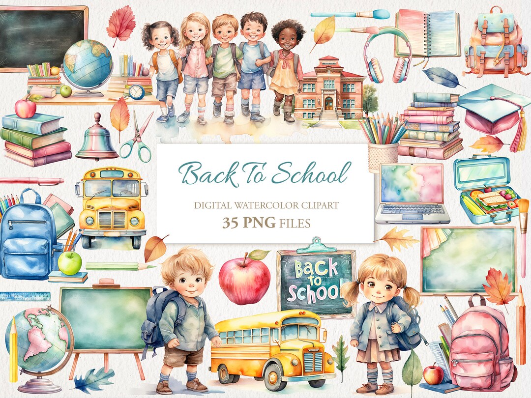 Back to School Watercolor Clipart PNG Bundle. AI Illustration. Instant ...