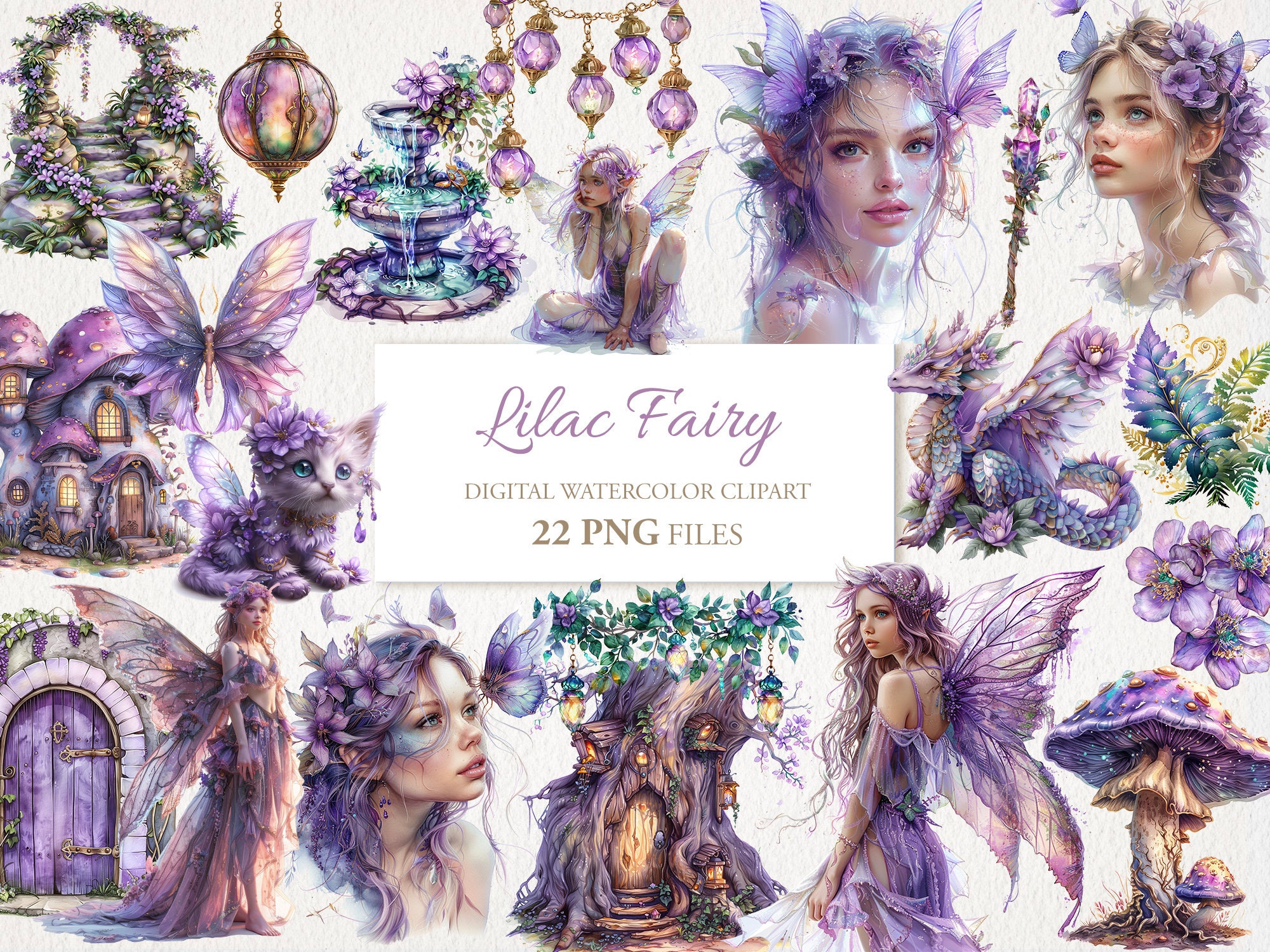 Lilac Purple Fairy Magic Watercolor Clipart PNG Bundle. AI Illustration ...