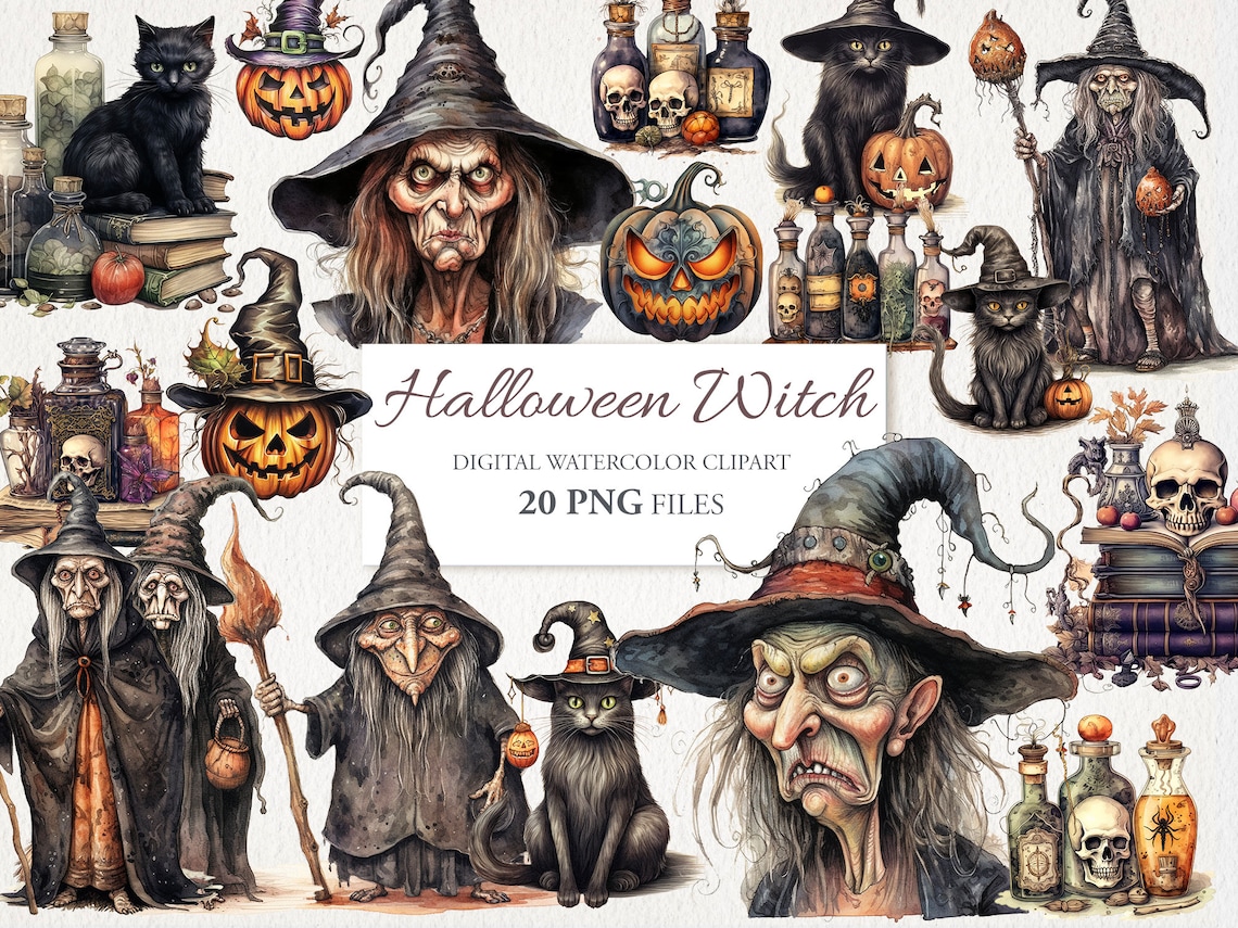 Creepy Halloween Witch Watercolor Clipart. Spooky Witchy PNG Bundle ...