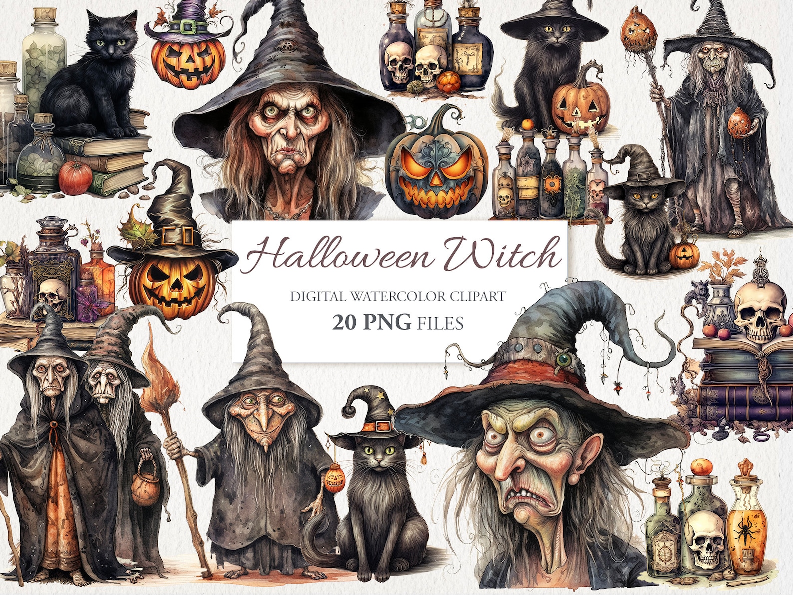 Creepy Halloween Witch Watercolor Clipart. Spooky Witchy PNG - Etsy