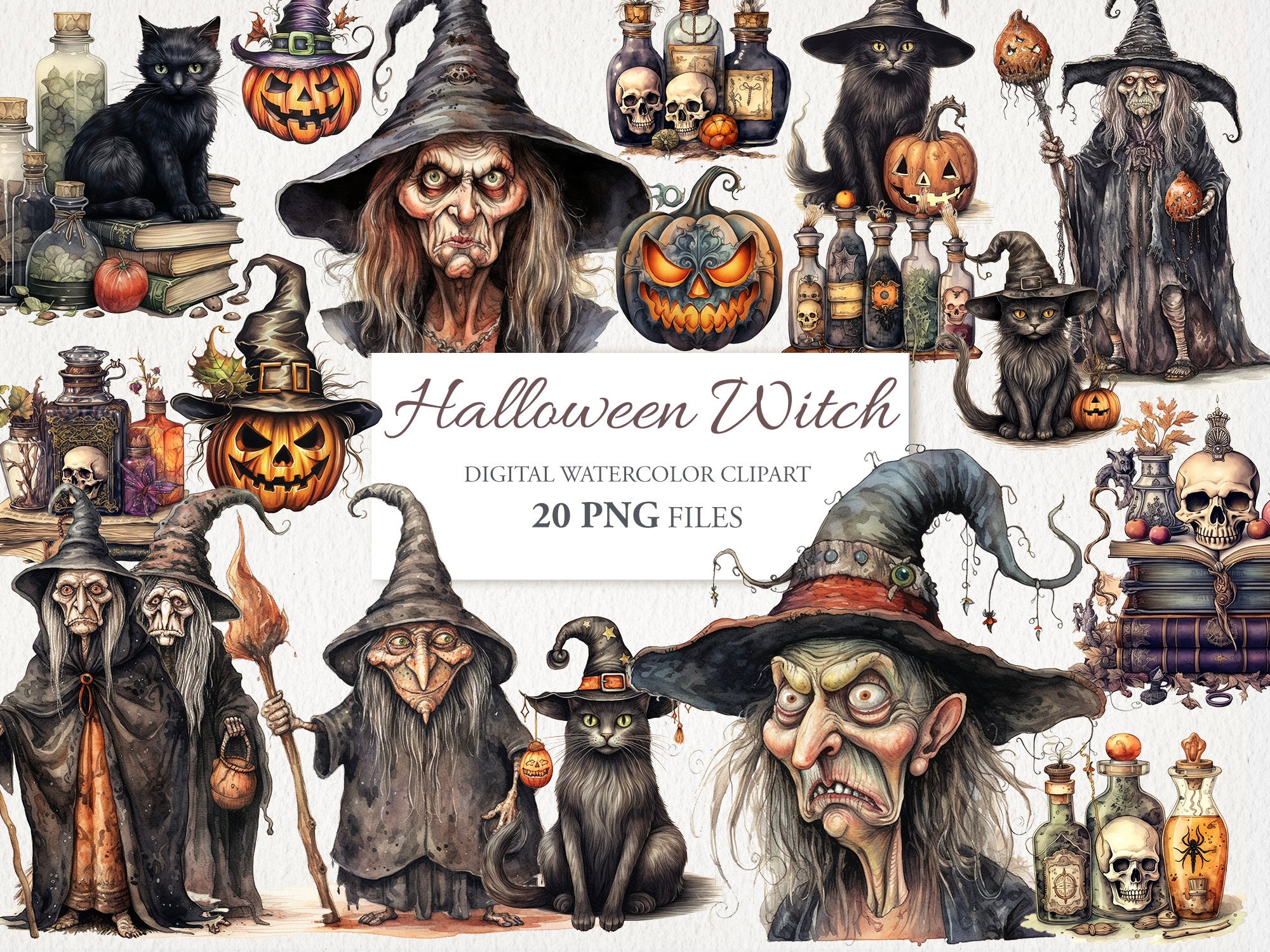 Creepy Halloween Witch Watercolor Clipart. Spooky Witchy PNG - Etsy