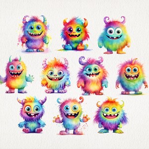 Cute Rainbow Monster Watercolor Clipart PNG Bundle. Children Nursery ...