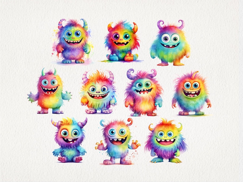 Cute Rainbow Monster Watercolor Clipart PNG Bundle. Children Nursery ...