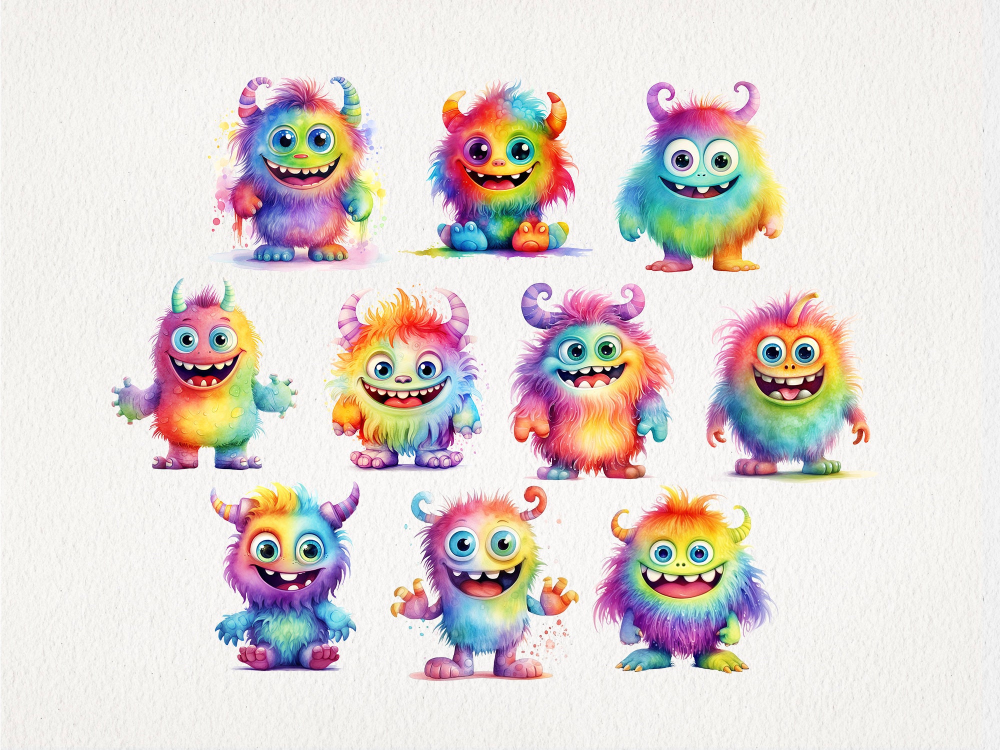 Cute Rainbow Monster Watercolor Clipart PNG Bundle. Children Nursery ...