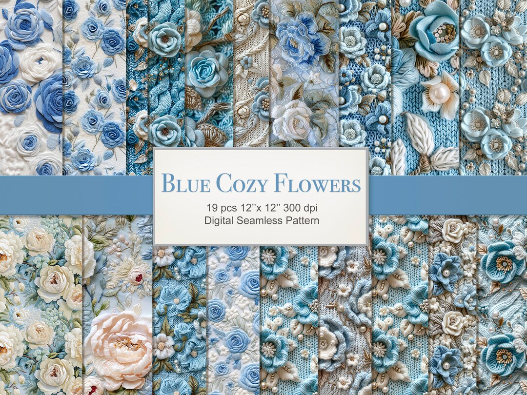 Blue Flowers Knitted Seamless Pattern. 3D Cozy Texture Digital Paper ...