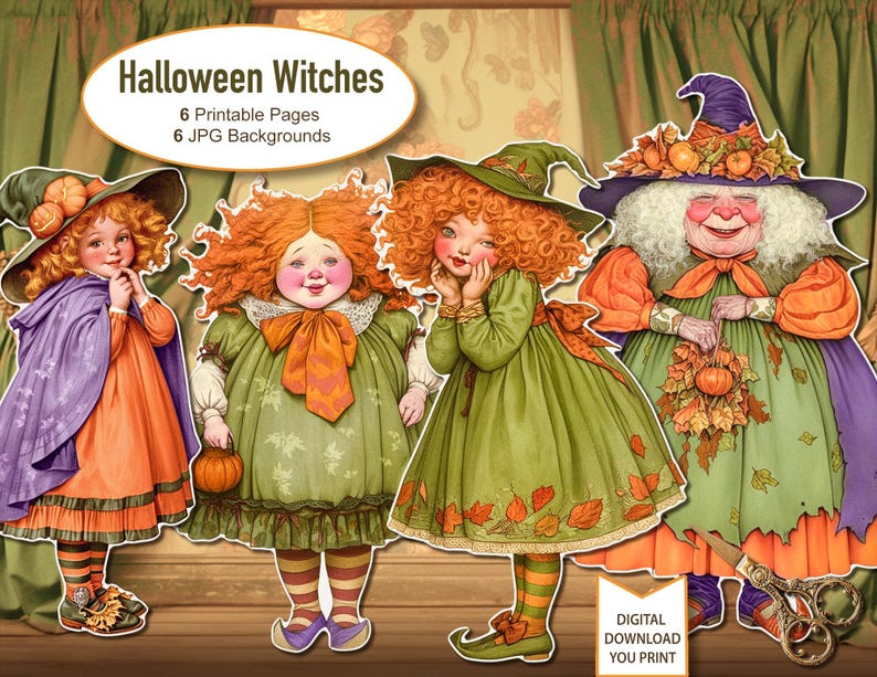 Halloween Witches. Printable Paper Dolls Fussy Cuts. Junk Journal ...