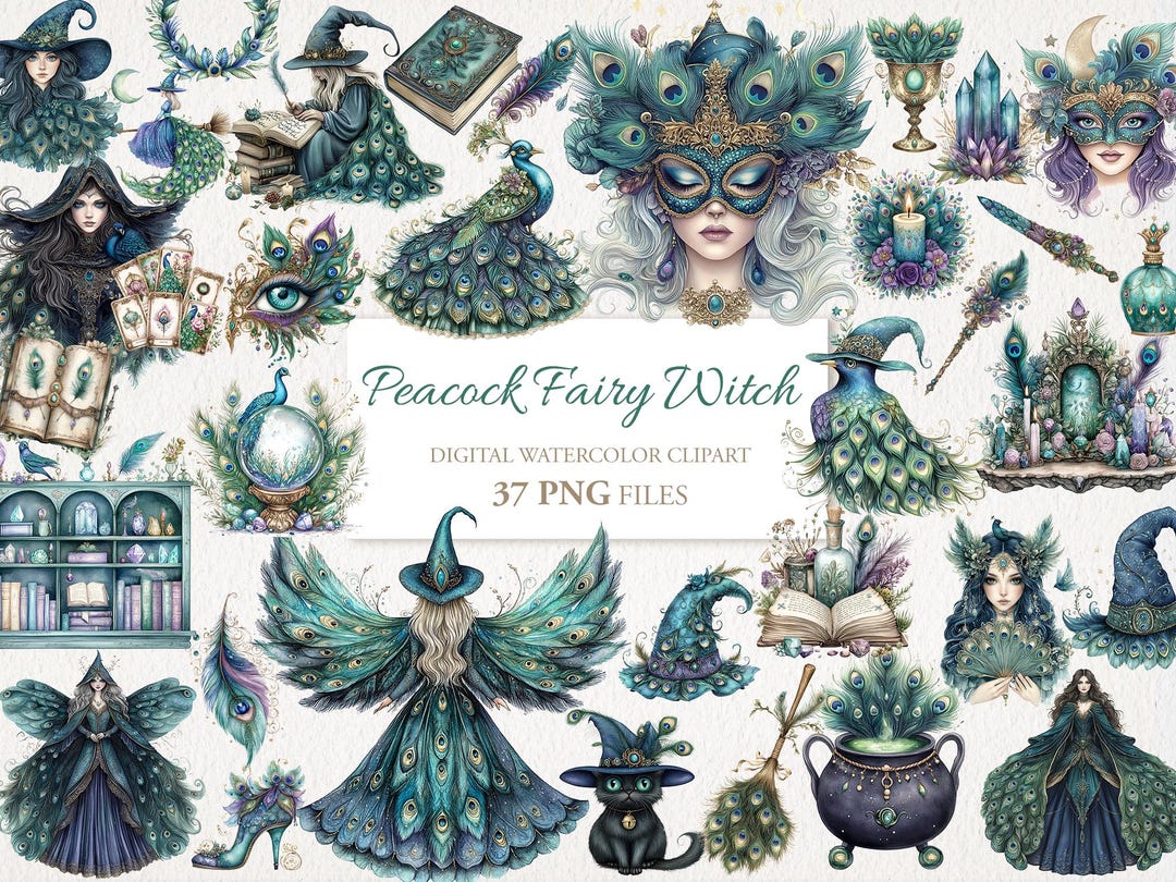 Peacock Fairy Witch Watercolor Magic Fantasy Whimsical Clipart PNG Bundle. AI Illustration ...