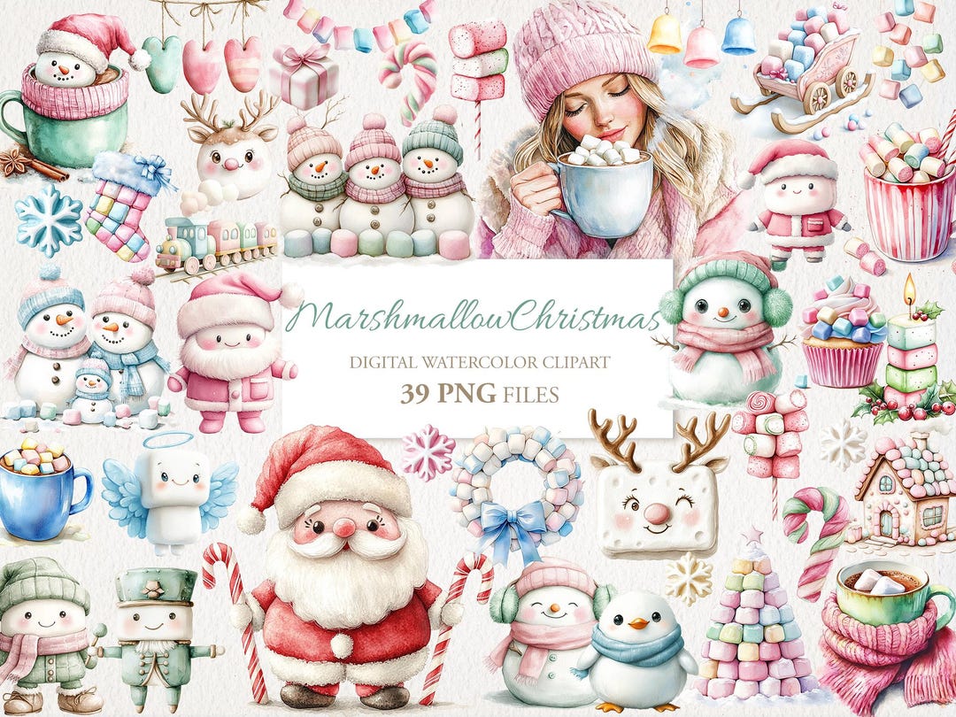 Cute Sweet Marshmallow Christmas Clipart PNG Bundle. AI Illustration ...