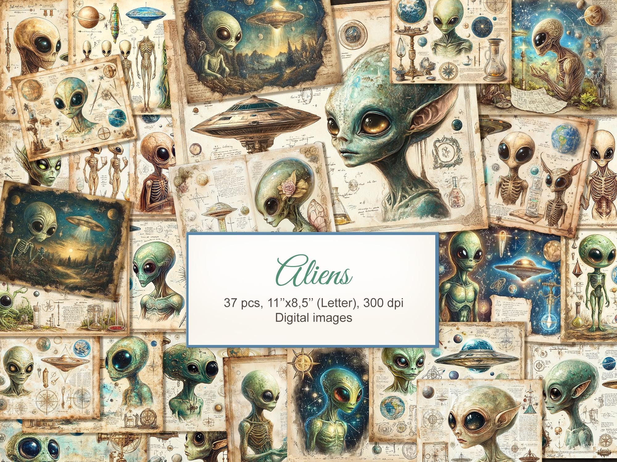 Aliens UFO Vintage Charts Junk Journal. Fantasy Printable Pages ...