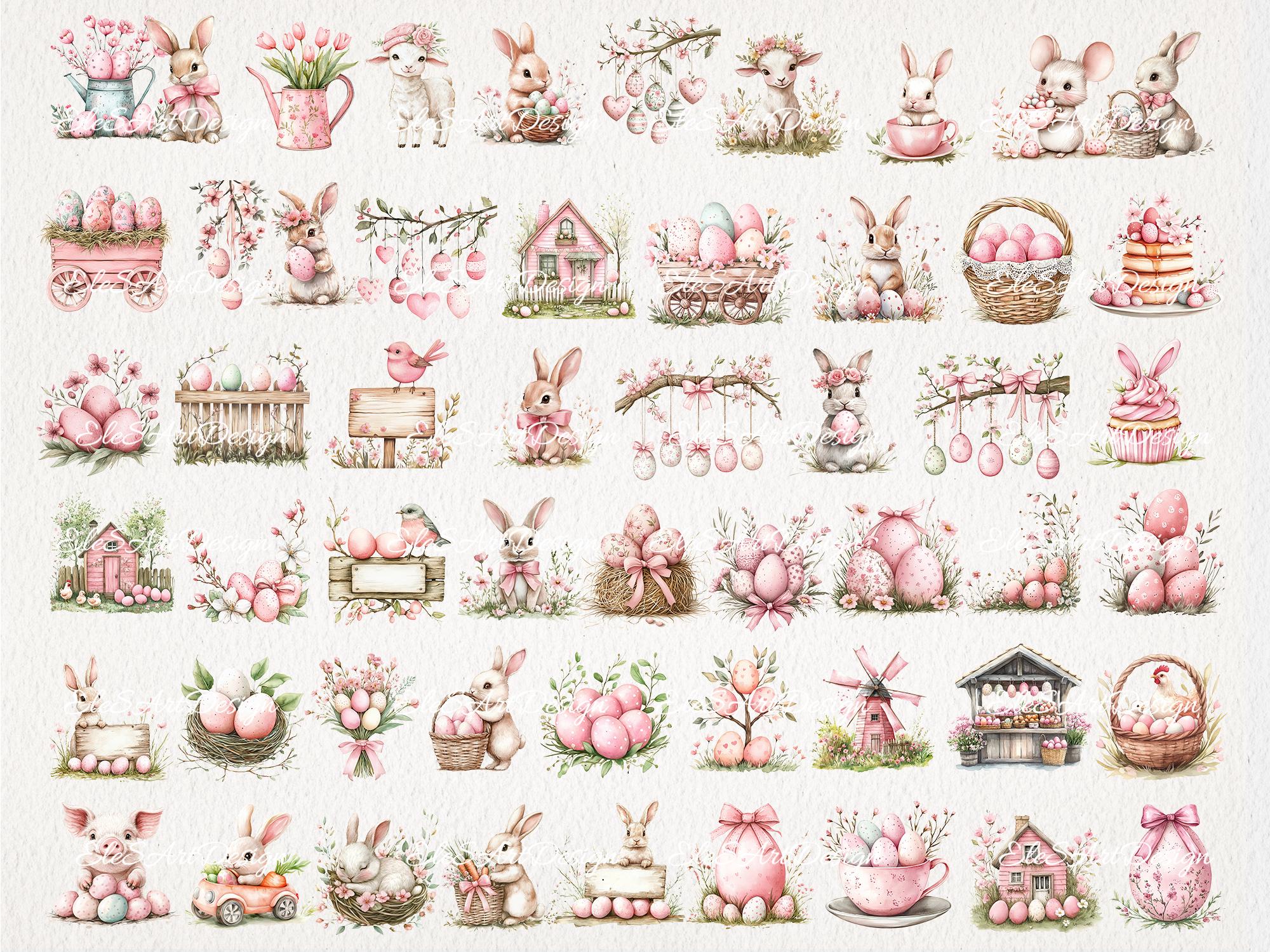Pink Easter Watercolor Clipart Bundle. Bunny, Rabbit, Eggs. AI ...
