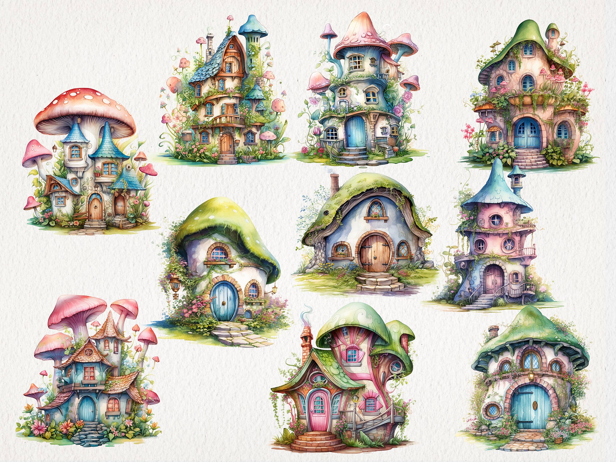 Fairy Houses Watercolor Clipart PNG Bundle. Pumpkin, Witch House ...