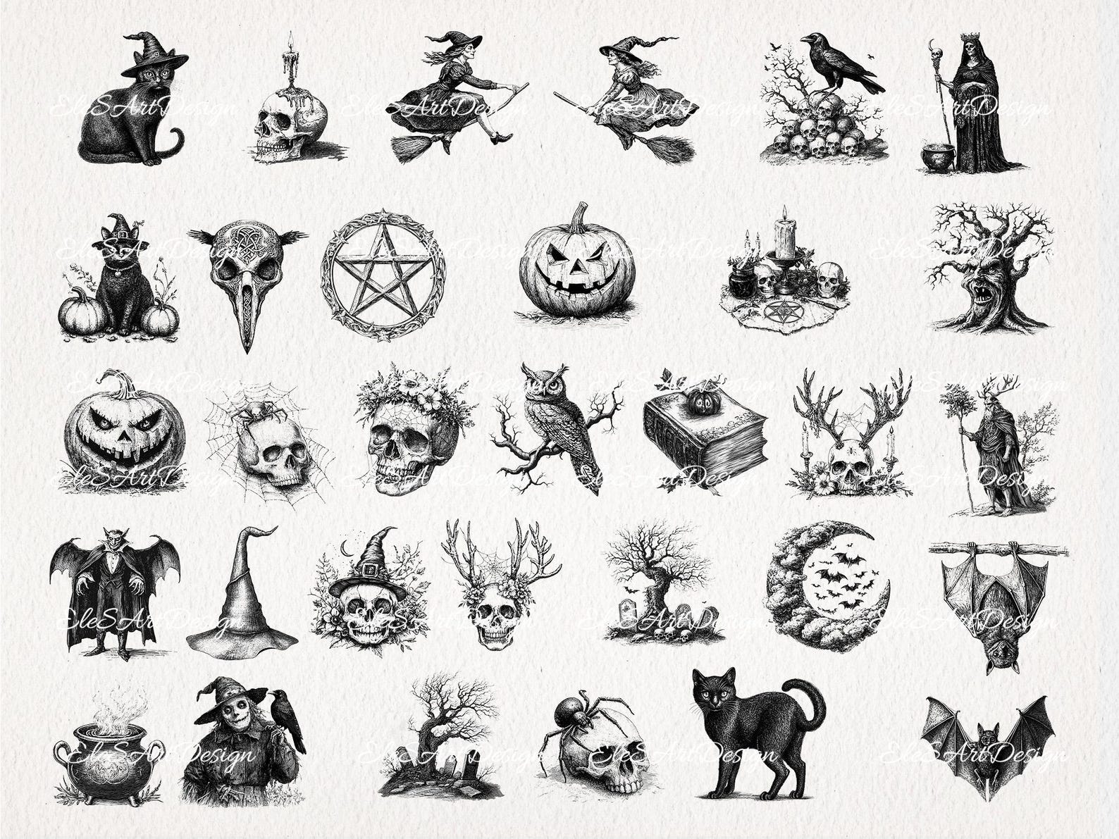 Vintage Samhain Wiccan Magic Line Art Clipart Bundle. Wicca Halloween ...