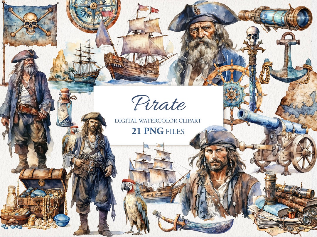 Pirate Nautical Watercolor Clipart PNG Bundle. AI Illustration. Digital ...