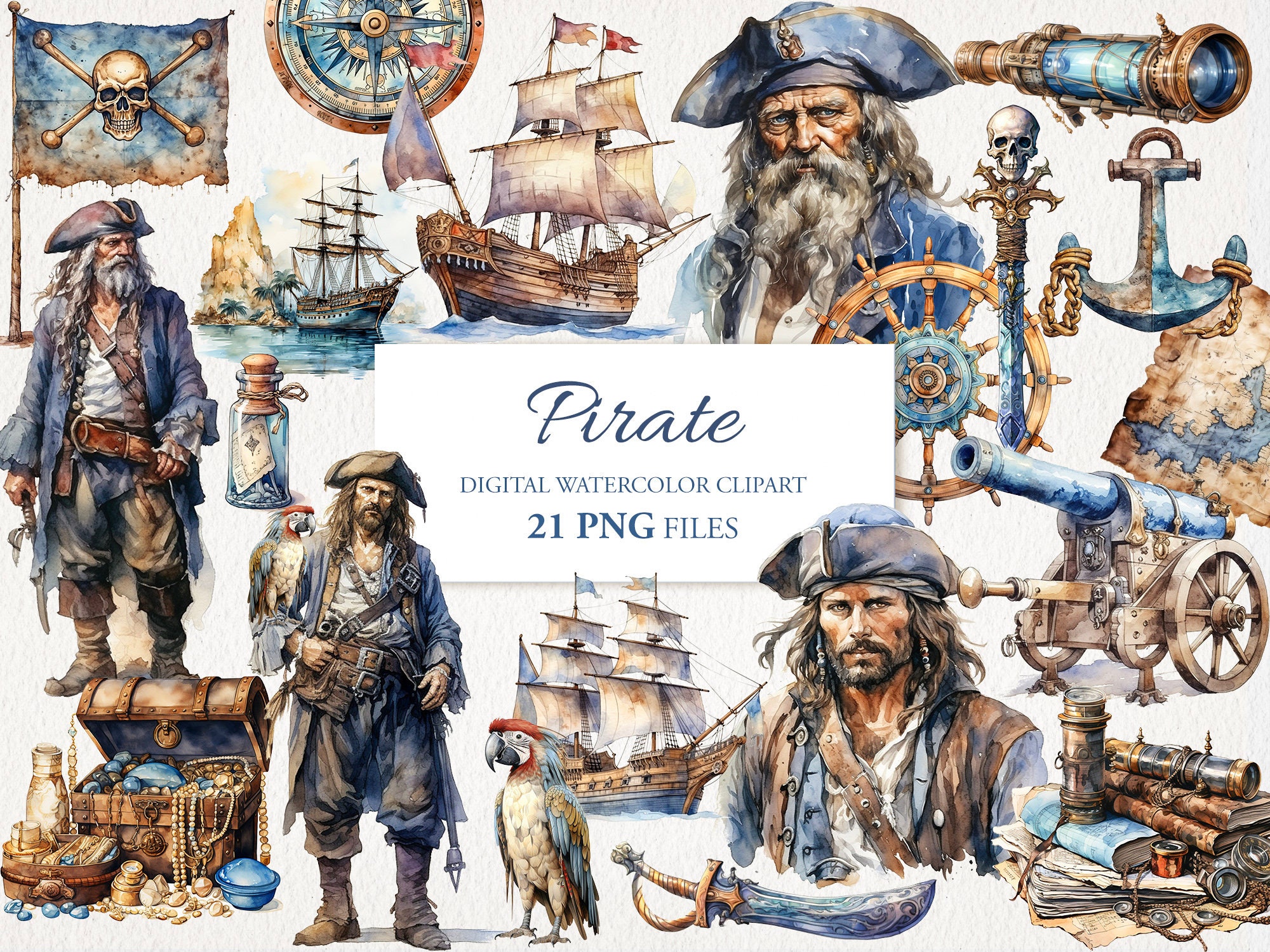 Pirate Nautical Watercolor Clipart PNG Bundle. AI Illustration. Digital ...