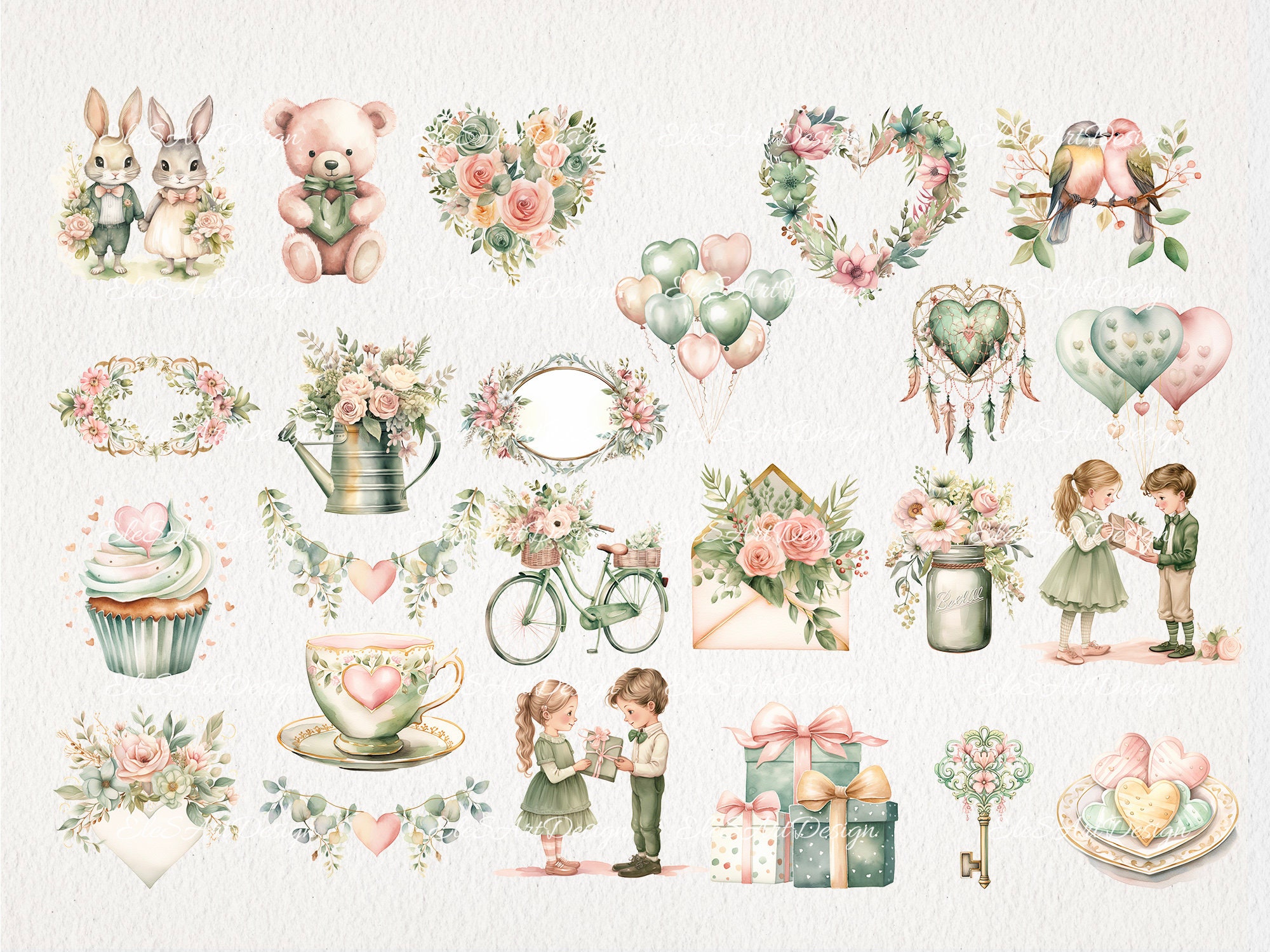 Boho Cute Valentine Watercolor Clipart PNG Bundle. Love Valentine's Day ...