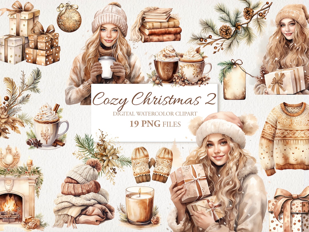 Cozy Brown Christmas Winter Watercolor Clipart PNG Bundle. AI ...