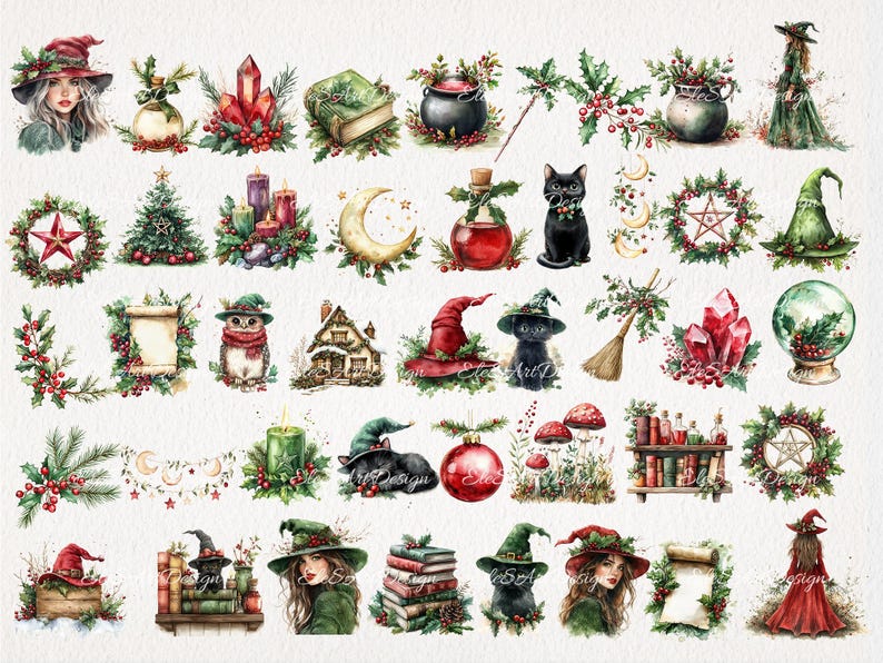 Christmas Witch Magic Winter Watercolor Clipart PNG Bundle. AI ...