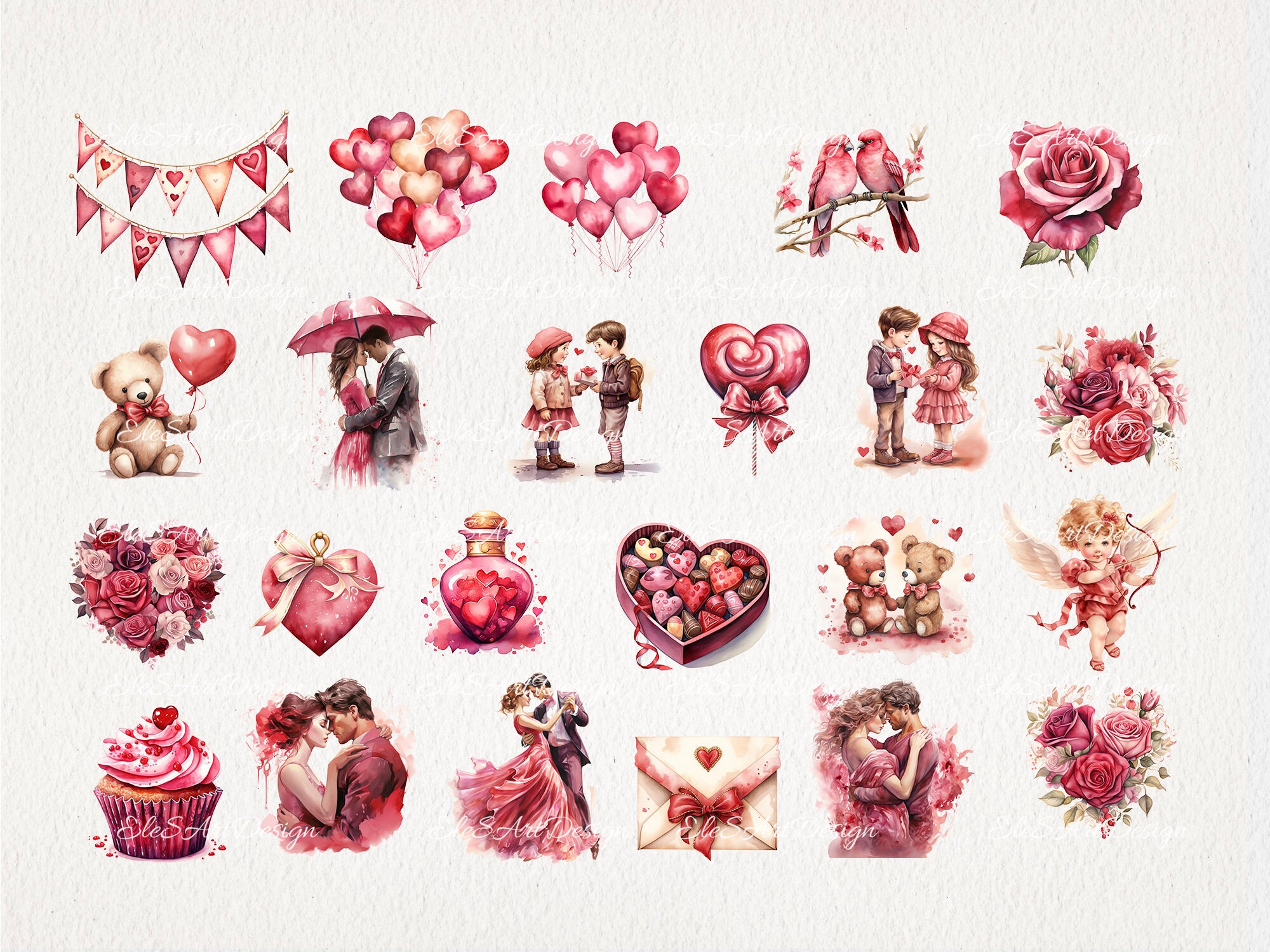 Classic Valentine Watercolor Clipart PNG Bundle. Love Couple. AI ...
