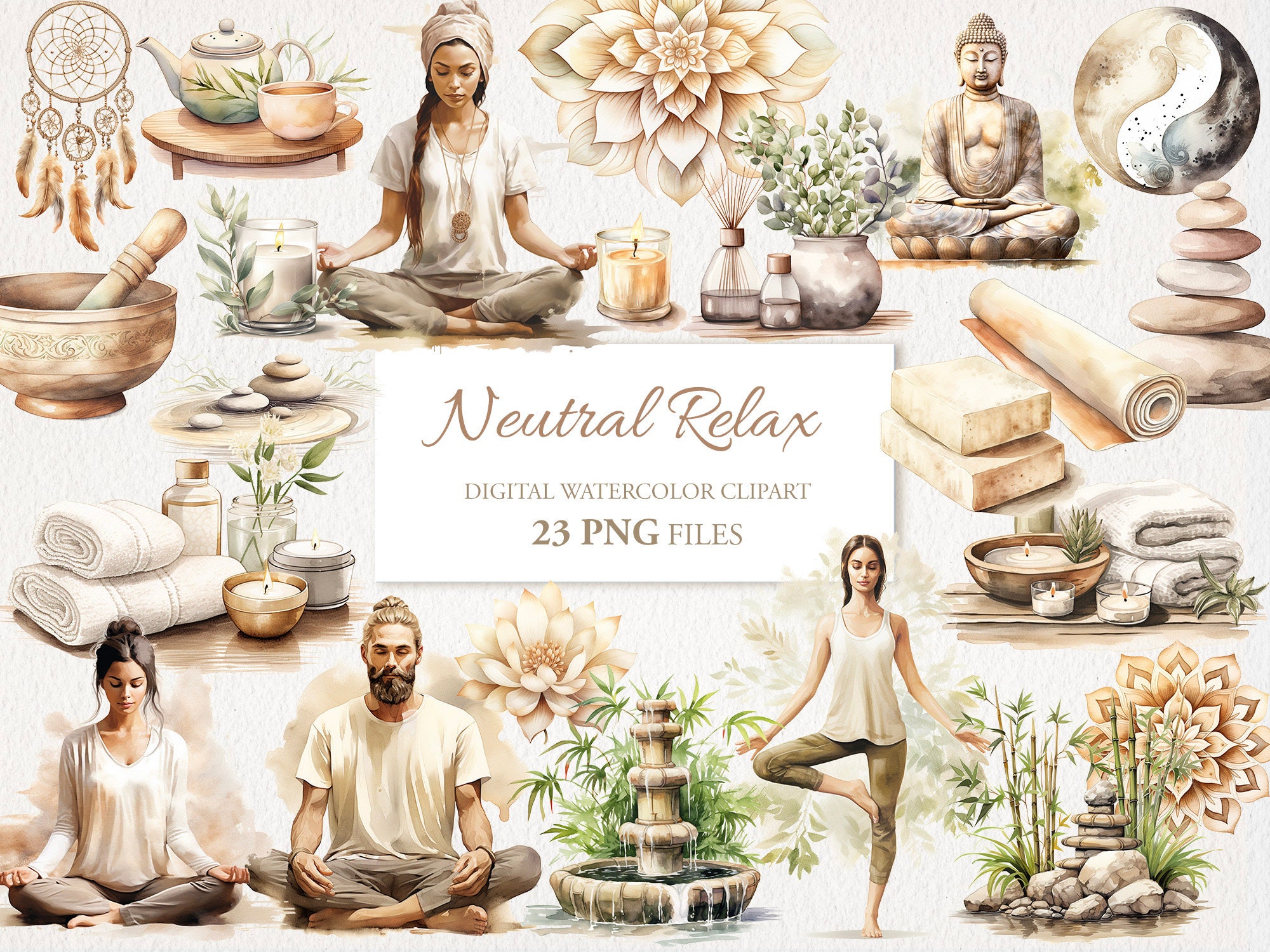 Neutral Relax Watercolor Clipart PNG Bundle. Yoga,meditation. AI ...