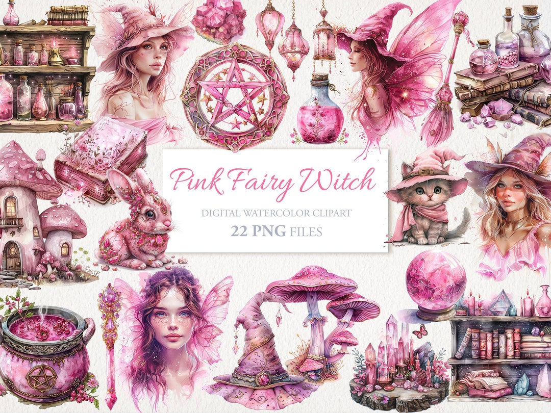 Pink Fairy Witch Magic Witchcraft Watercolor Clipart PNG Bundle. AI ...
