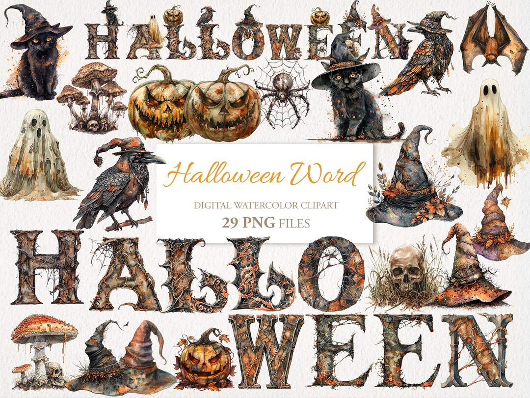 Halloween Word Watercolor Clipart PNG Bundle. Font, Separate Letters ...