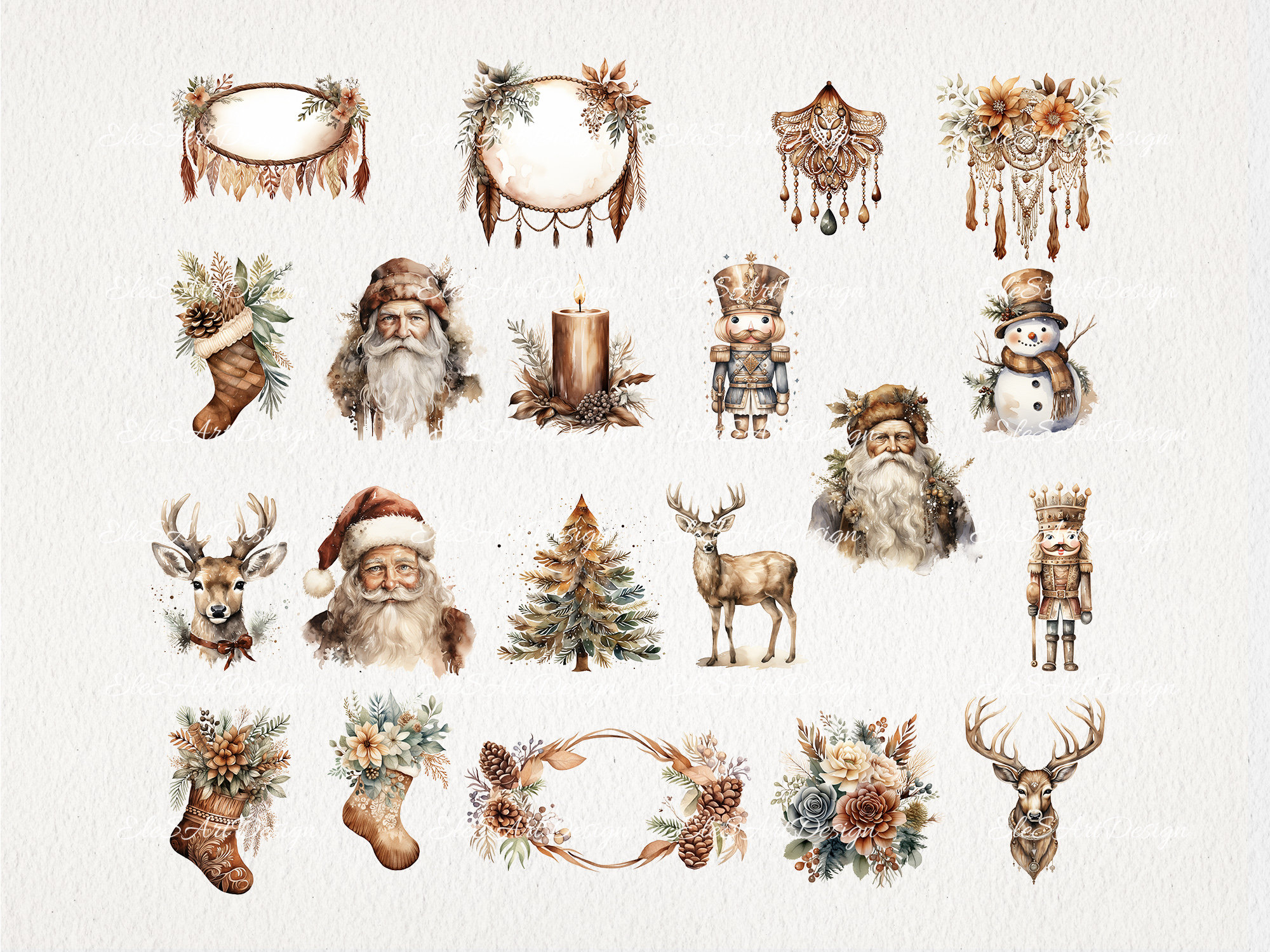 Boho Brown Christmas Winter Watercolor Clipart PNG Bundle. AI ...