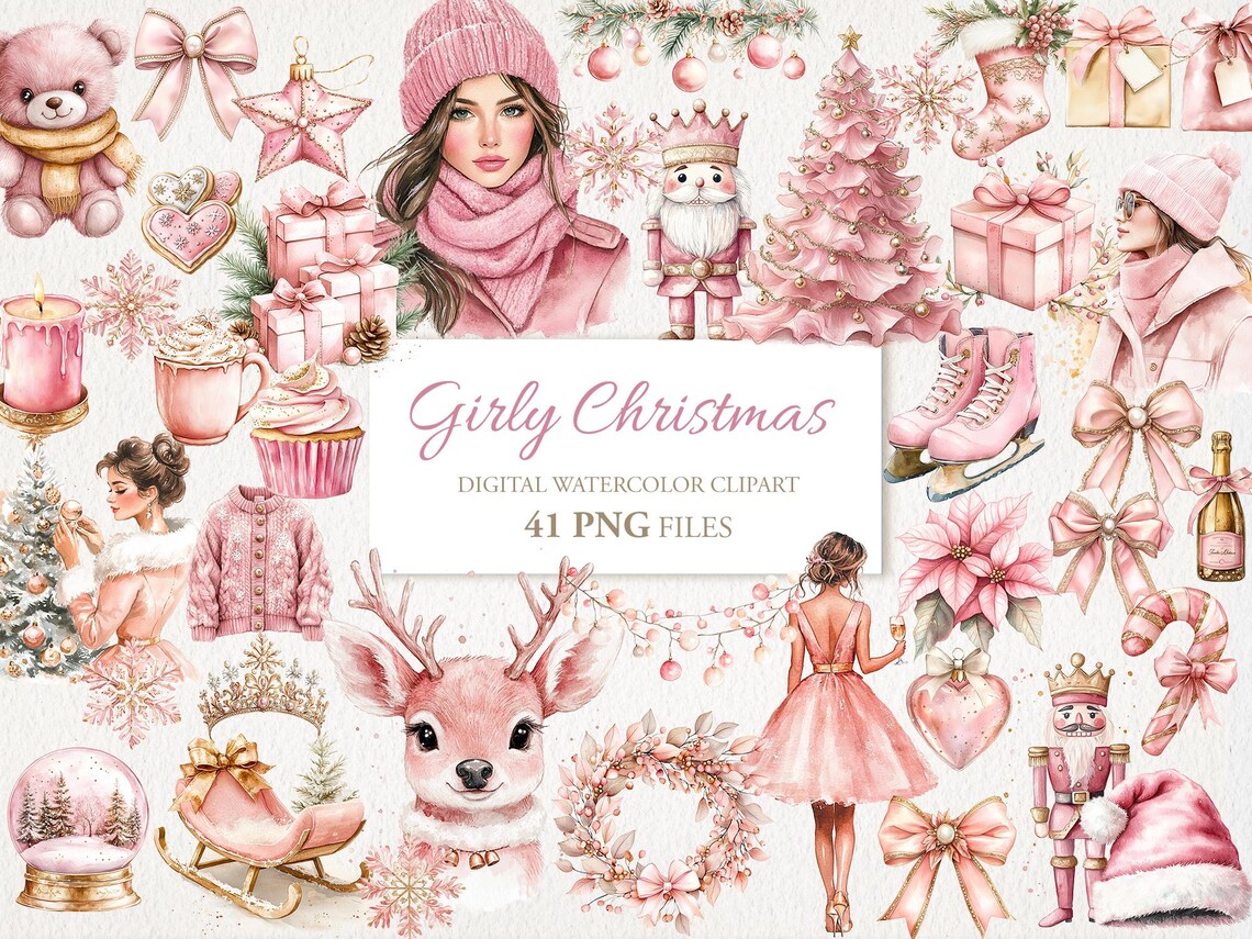 Girly Christmas Pink Golden Winter Watercolor Clipart Bundle. AI ...