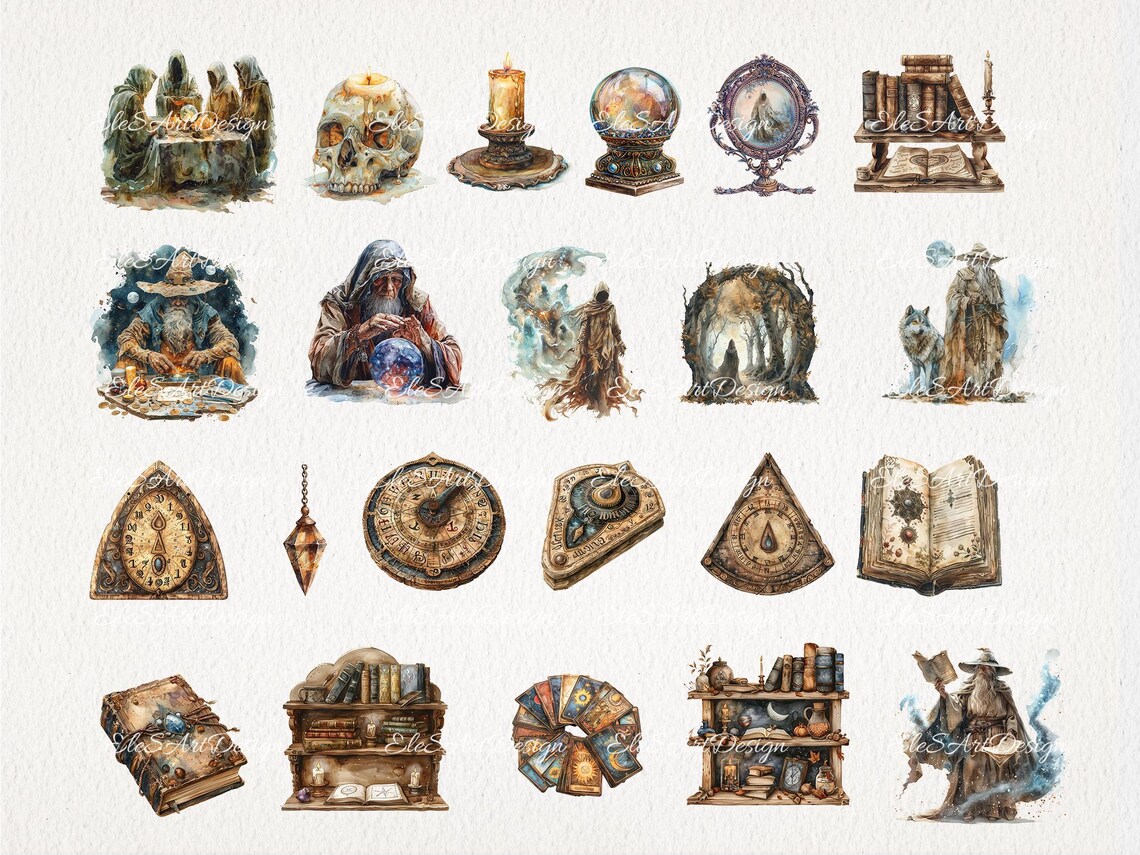 Spirit Medium Wizard Magic Watercolor Clipart PNG Bundle. AI ...