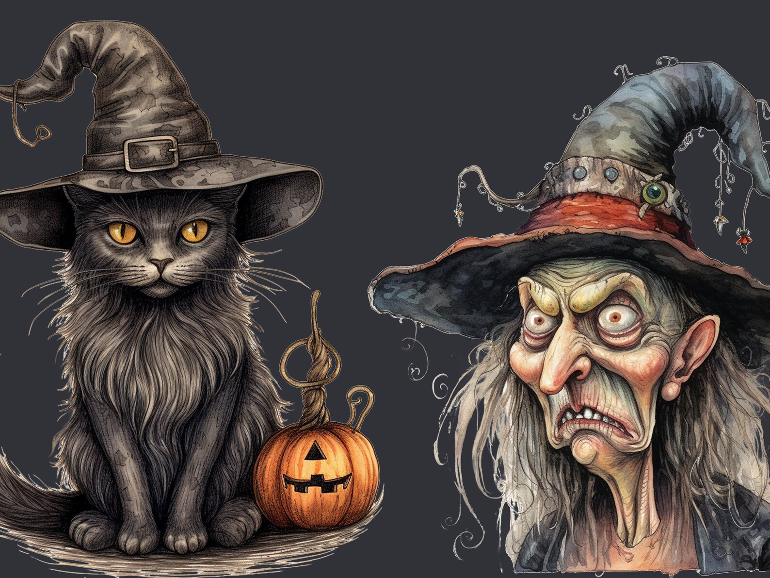 Creepy Halloween Witch Watercolor Clipart. Spooky Witchy PNG - Etsy