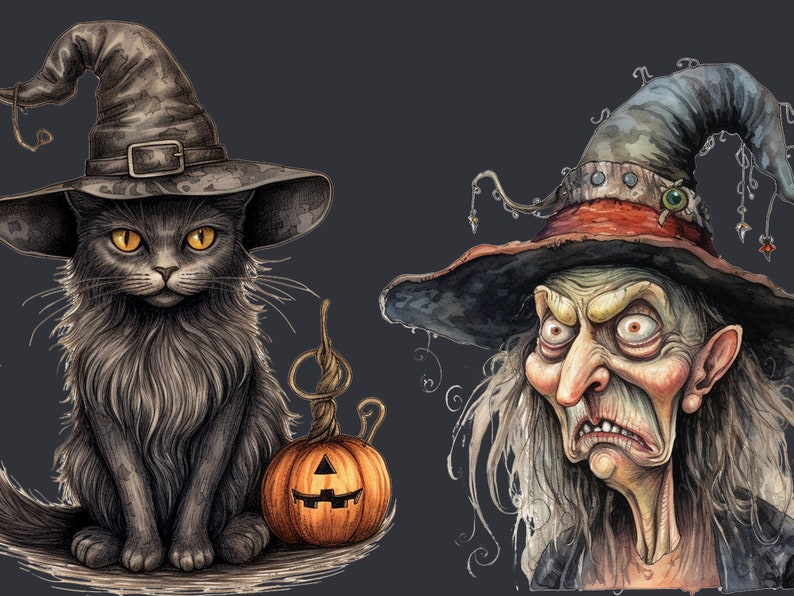 Creepy Halloween Witch Watercolor Clipart. Spooky Witchy PNG - Etsy