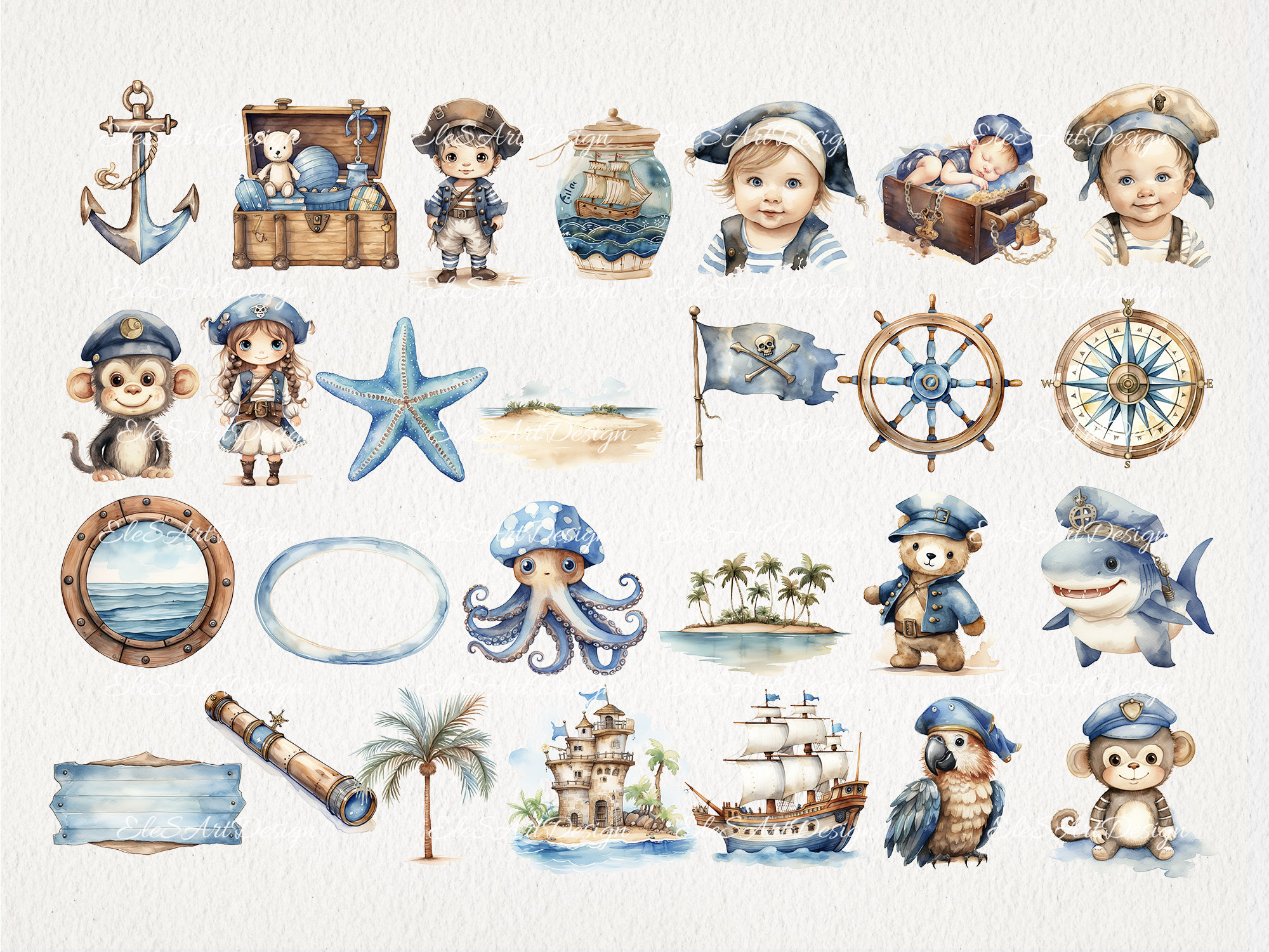 Little Pirate Newborn Baby Watercolor Clipart PNG Bundle. Children ...