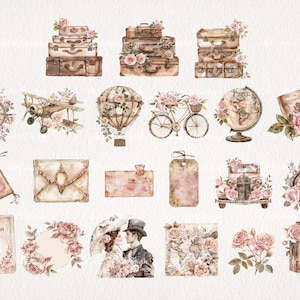 Pink Voyage Watercolor Clipart PNG Bundle. Floral Retro Journey Trip ...