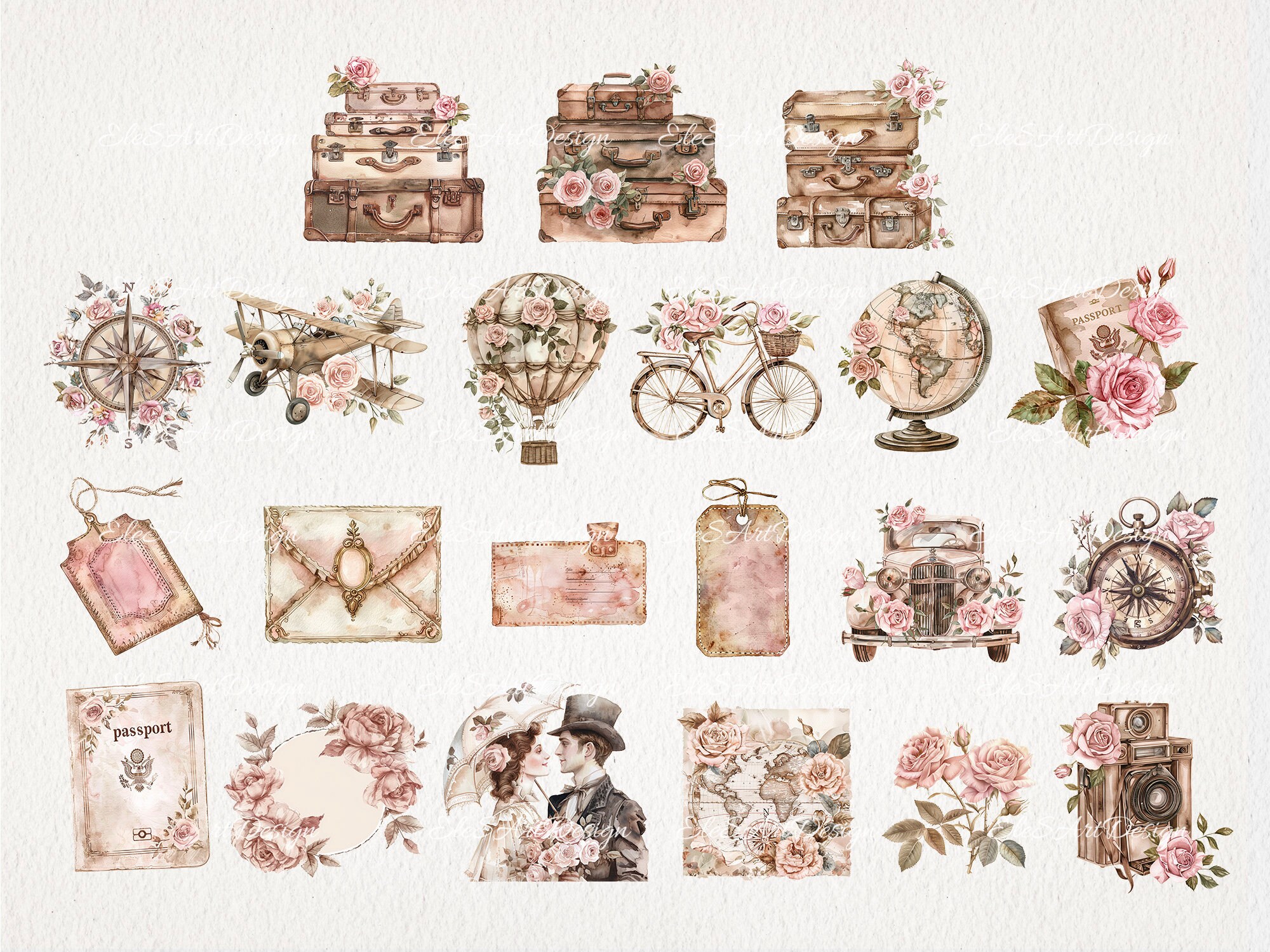 Pink Voyage Watercolor Clipart PNG Bundle. Floral Retro Journey Trip ...