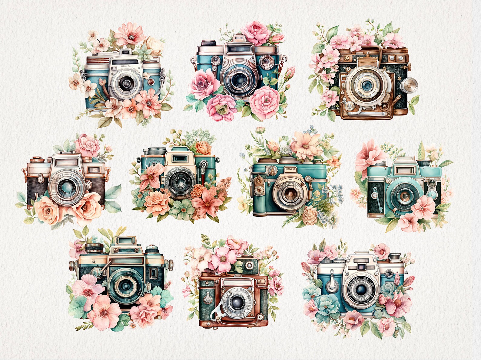 Vintage Camera Watercolor Clipart PNG Bundle. Floral Retro Cameras ...
