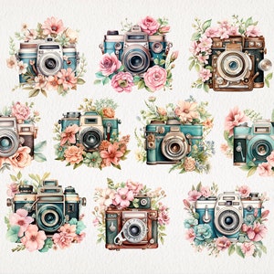 Vintage Camera Watercolor Clipart PNG Bundle. Floral Retro Cameras ...