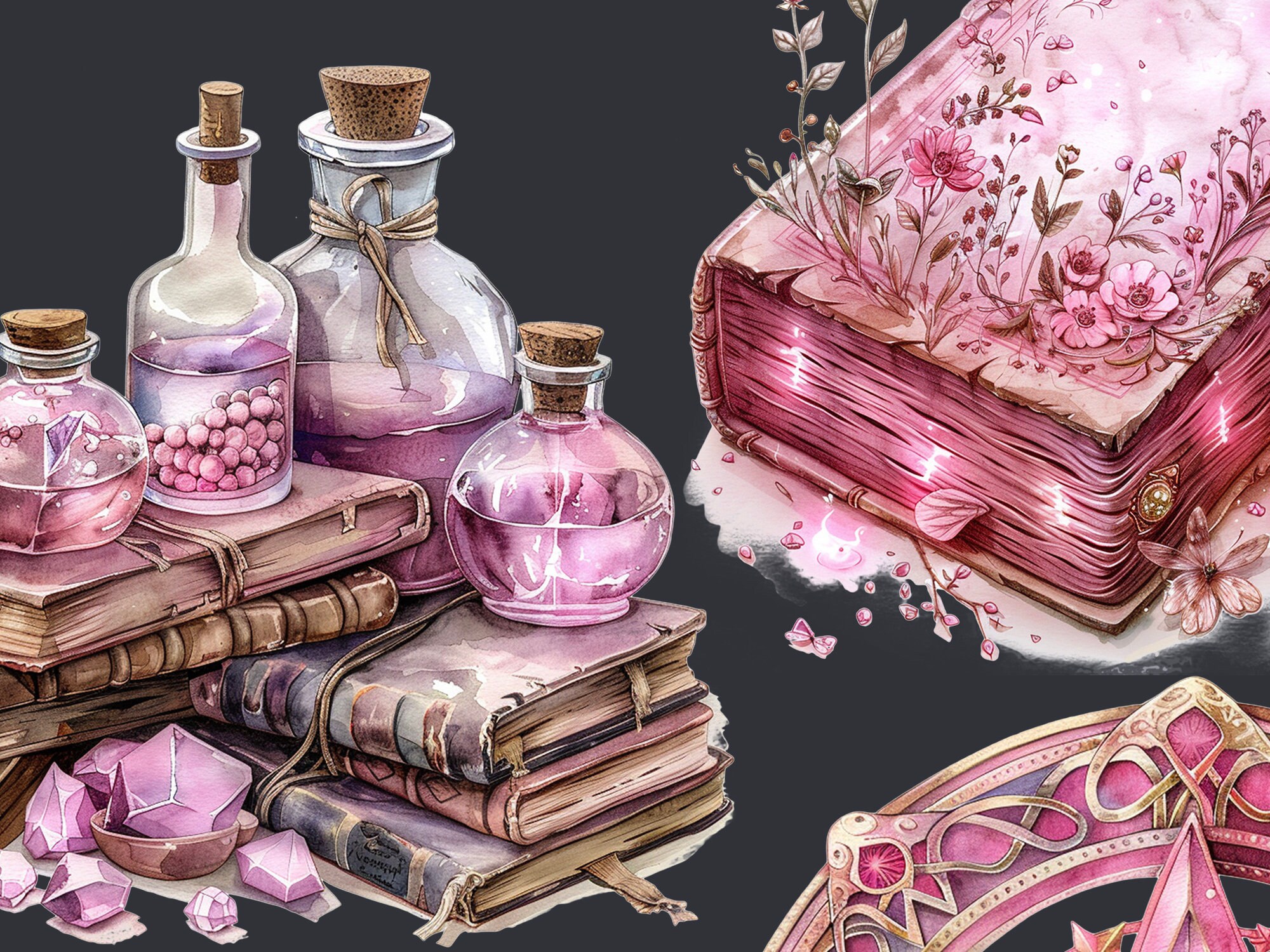 Pink Fairy Witch Magic Witchcraft Watercolor Clipart PNG Bundle. AI ...