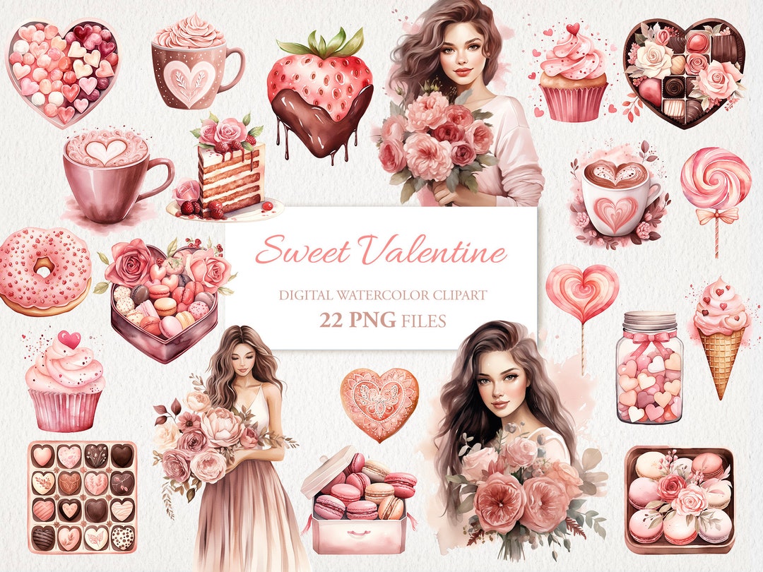 Sweet Valentine Watercolor Clipart PNG Bundle. AI Illustration. Instant ...