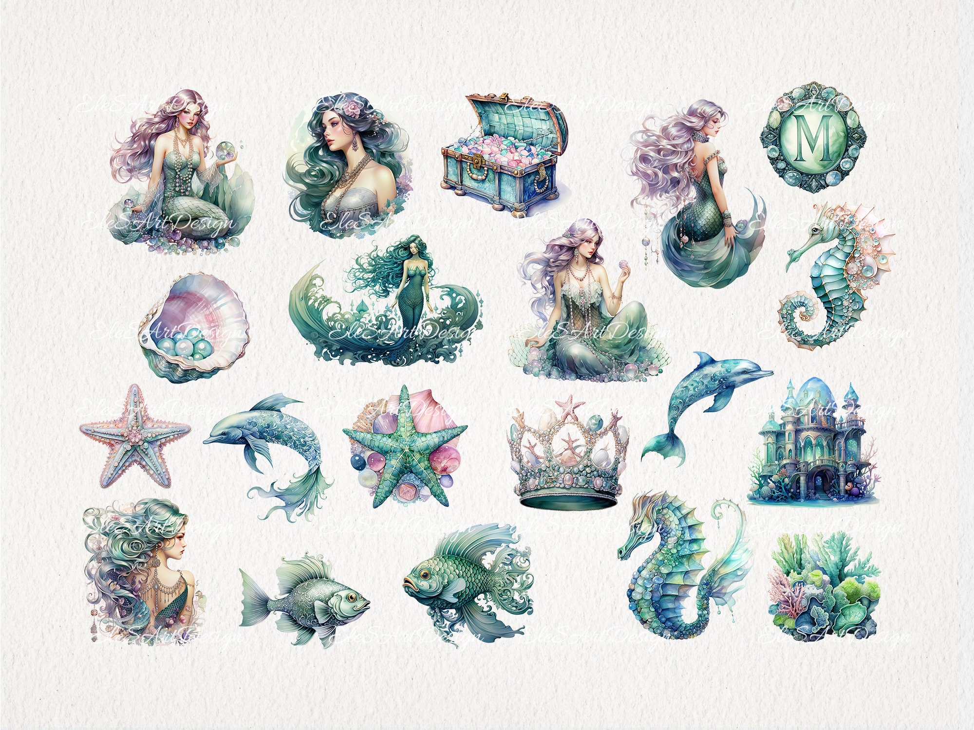 Mermaid Watercolor Clipart PNG Bundle. AI Illustration. Digital ...