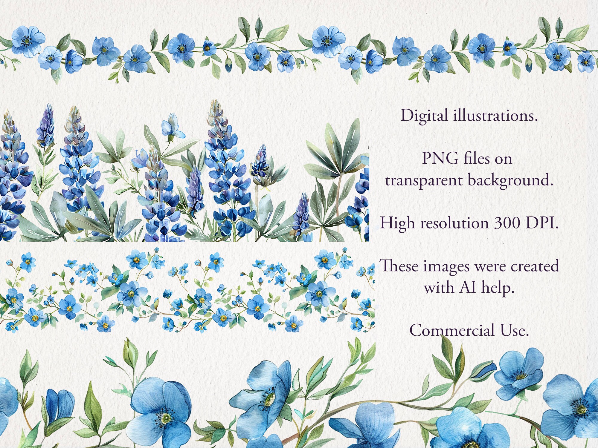 Blue Flowers Floral Seamless Border Watercolor Clipart 33 PNG Bundle ...