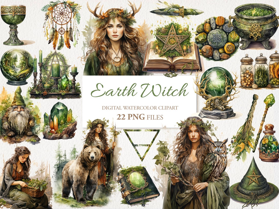 Earth Element Witch Witchcraft Watercolor Clipart PNG Bundle. AI ...