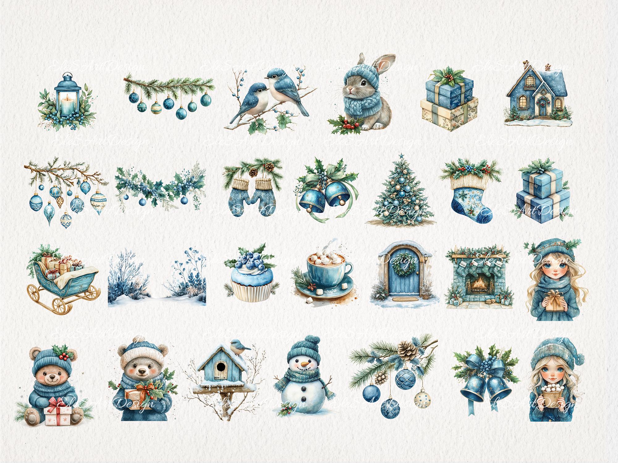 Blue Christmas Magic Winter Cozy Watercolor Clipart Bundle. AI ...