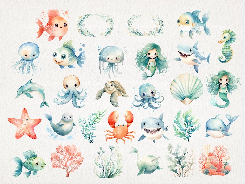 Cute Undersea Watercolor Clipart PNG Bundle. Children Nursery Art. AI ...