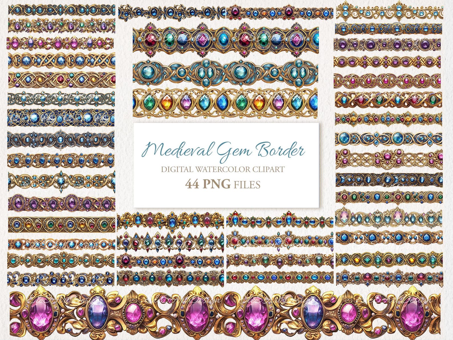 Medieval Gem Seamless Border Watercolor Clipart Bundle. Digital ...