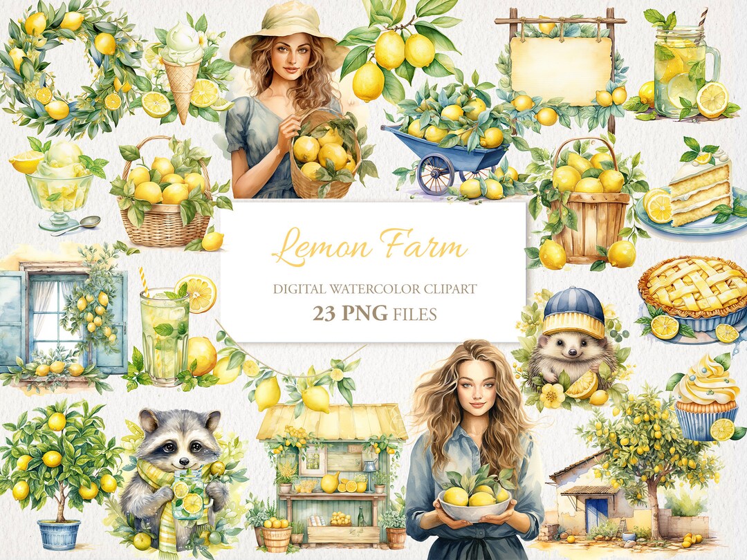 Lemon Farm Summer Watercolor Clipart PNG Bundle. AI Illustration ...