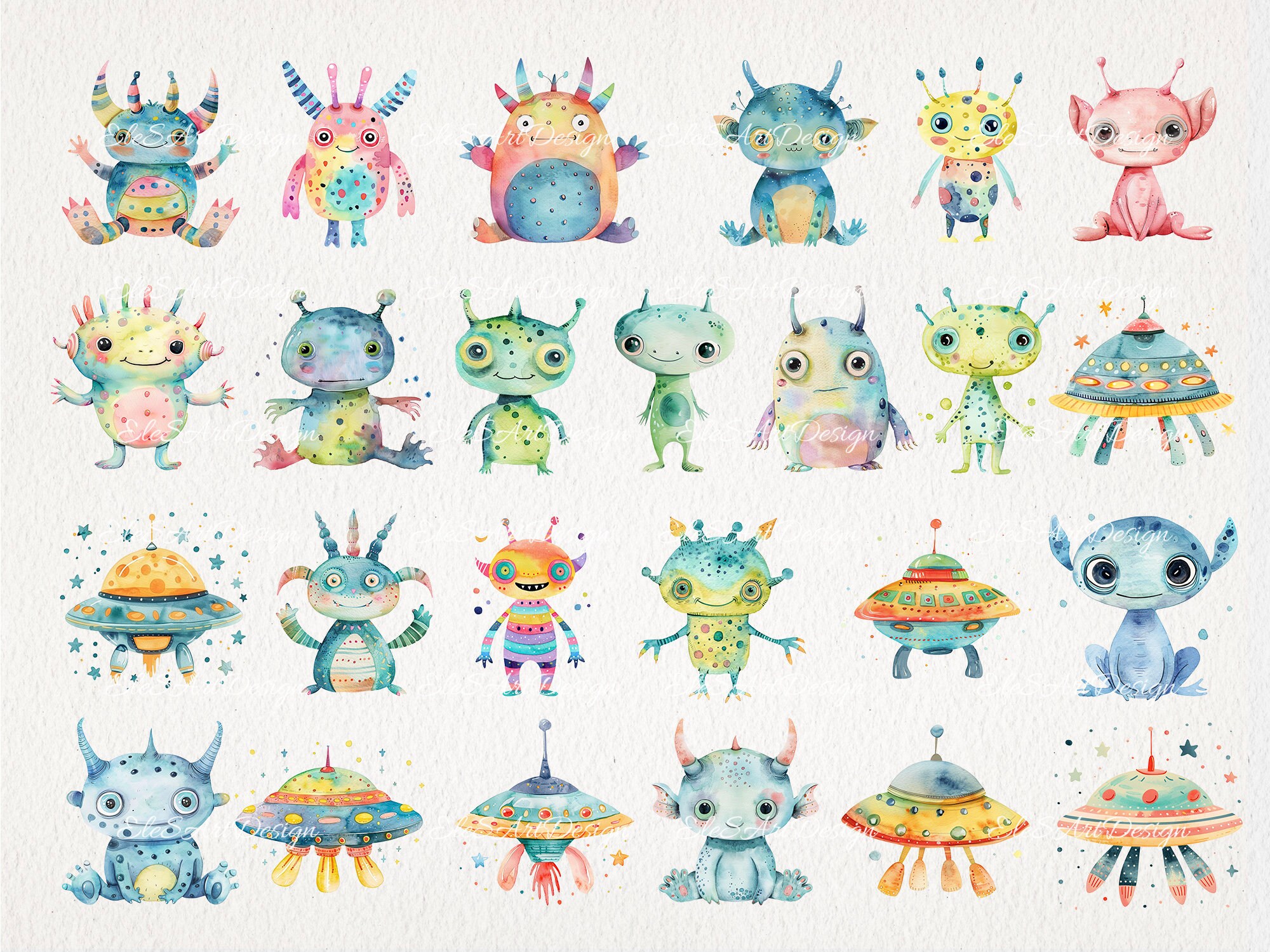 Cute Aliens Ufo Character. Watercolor Clipart PNG Bundle Children ...